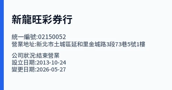 新龍旺彩券行的照片-統編 02150052(新北市) 公司登記資料與營業項目詳細圖表