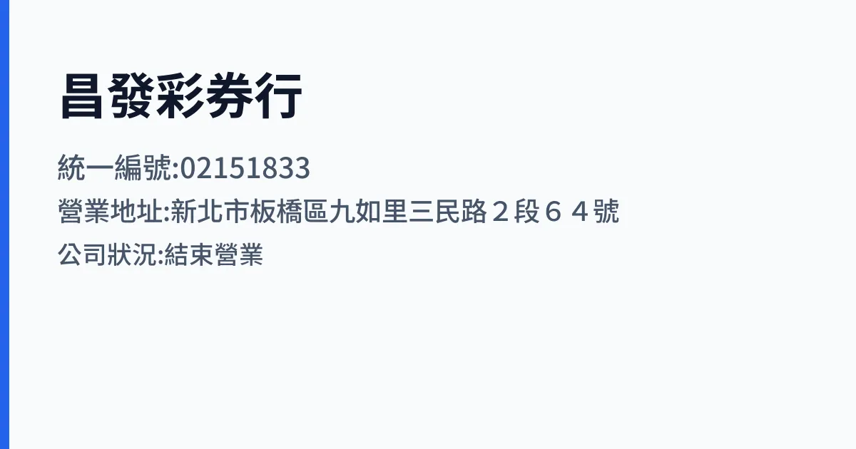 昌發彩券行 - 統編 02151833(新北市) 公司登記資料與營業項目詳細圖表