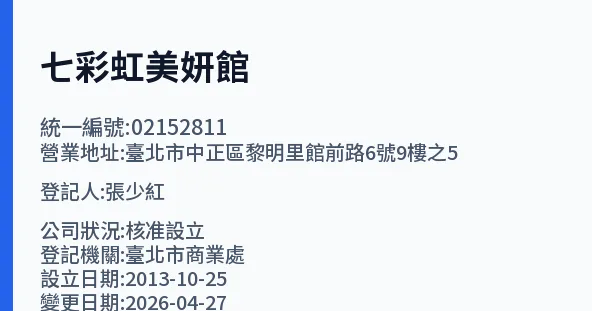七彩虹美妍館的照片-統編 02152811(臺北市) 公司登記資料與營業項目詳細圖表