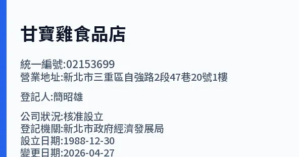 甘寶雞食品店的照片-統編 02153699(新北市) 公司登記資料與營業項目詳細圖表