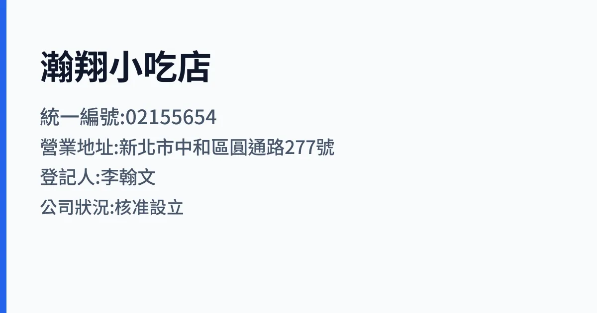 瀚翔小吃店 - 統編 02155654(新北市) 公司登記資料與營業項目詳細圖表