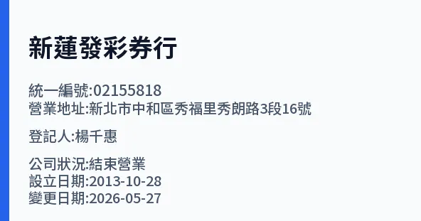 新蓮發彩券行的照片-統編 02155818(新北市) 公司登記資料與營業項目詳細圖表