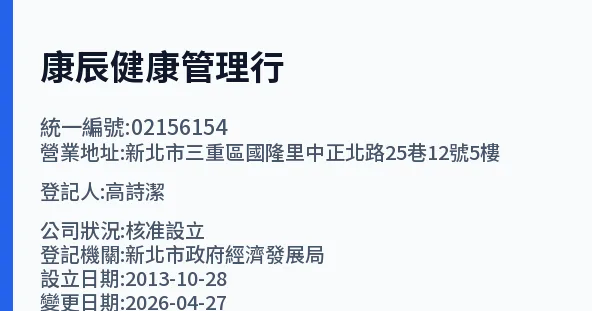 康辰健康管理行的照片-統編 02156154(新北市) 公司登記資料與營業項目詳細圖表