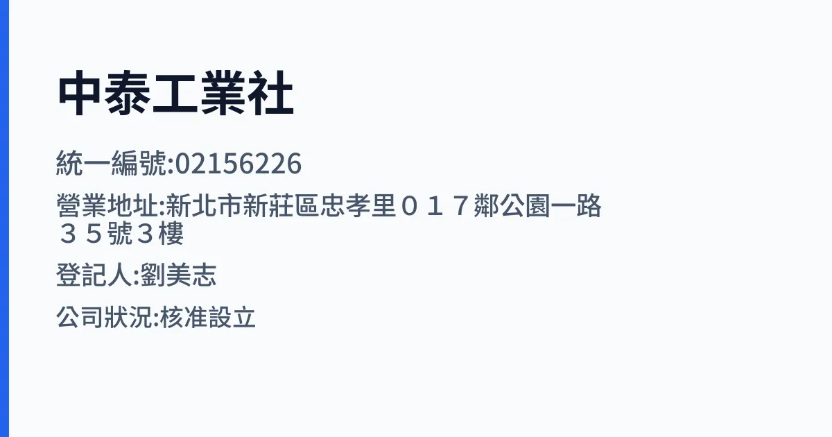中泰工業社 - 統編 02156226(新北市) 公司登記資料與營業項目詳細圖表