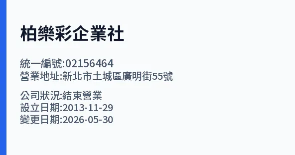 柏樂彩企業社的照片-統編 02156464(新北市) 公司登記資料與營業項目詳細圖表