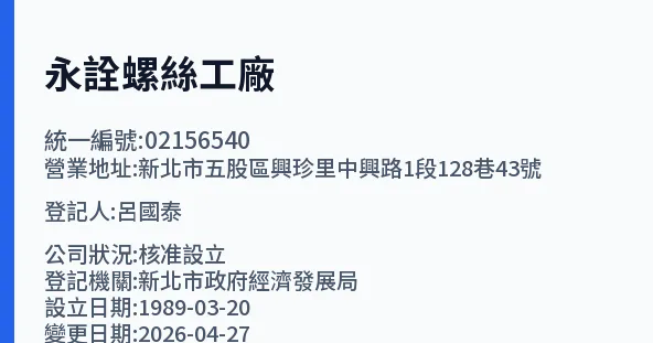 永詮螺絲工廠的照片-統編 02156540(新北市) 公司登記資料與營業項目詳細圖表