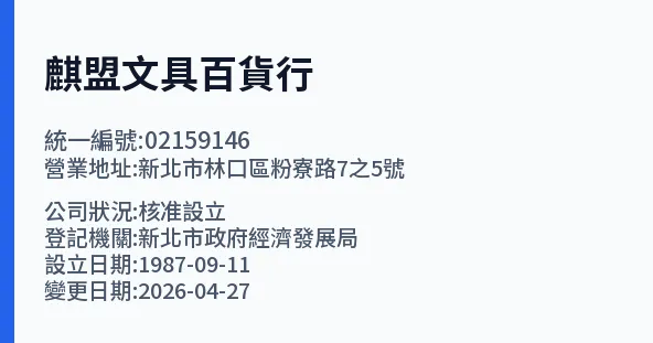 麒盟文具百貨行的照片-統編 02159146(新北市) 公司登記資料與營業項目詳細圖表