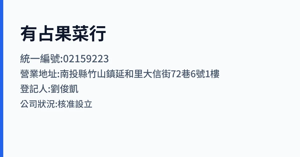 有占果菜行 - 統編 02159223(南投縣) 公司登記資料與營業項目詳細圖表