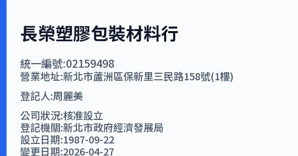 長榮塑膠包裝材料行的照片-統編 02159498(新北市) 公司登記資料與營業項目詳細圖表
