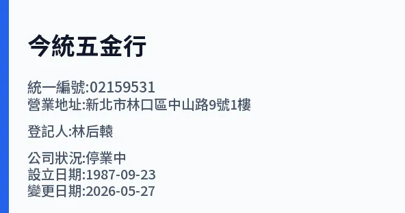 今統五金行的照片-統編 02159531(新北市) 公司登記資料與營業項目詳細圖表
