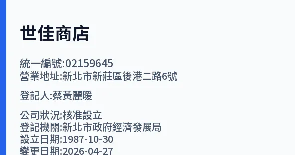世佳商店的照片-統編 02159645(新北市) 公司登記資料與營業項目詳細圖表