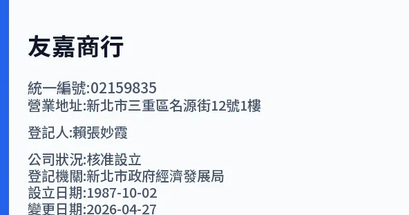 友嘉商行的照片-統編 02159835(新北市) 公司登記資料與營業項目詳細圖表