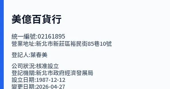 美億百貨行的照片-統編 02161895(新北市) 公司登記資料與營業項目詳細圖表