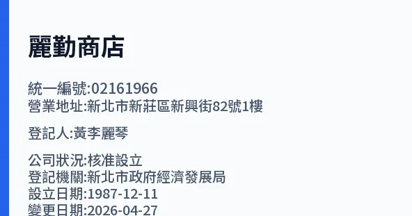 麗勤商店的照片-統編 02161966(新北市) 公司登記資料與營業項目詳細圖表