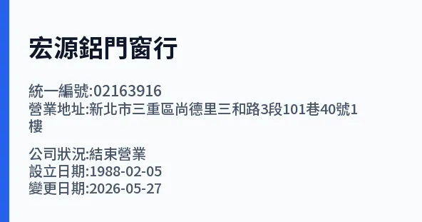 宏源鋁門窗行的照片-統編 02163916(新北市) 公司登記資料與營業項目詳細圖表