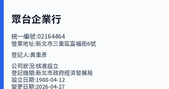 眾台企業行的照片-統編 02164464(新北市) 公司登記資料與營業項目詳細圖表