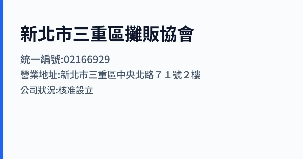 新北市三重區攤販協會 - 統編 02166929(新北市) 公司登記資料與營業項目詳細圖表