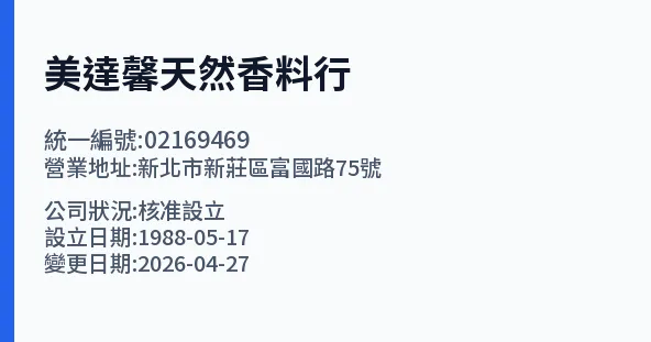 美達馨天然香料行的照片-統編 02169469(新北市) 公司登記資料與營業項目詳細圖表