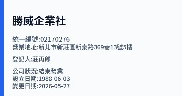 勝威企業社的照片-統編 02170276(新北市) 公司登記資料與營業項目詳細圖表