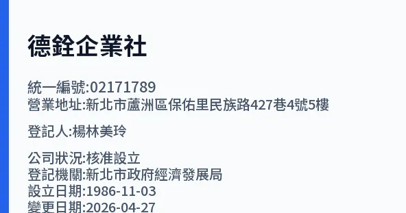 德銓企業社的照片-統編 02171789(新北市) 公司登記資料與營業項目詳細圖表