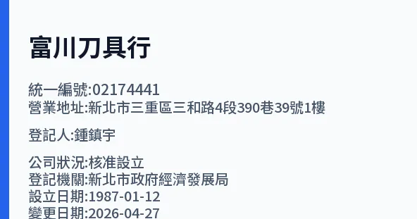 富川刀具行的照片-統編 02174441(新北市) 公司登記資料與營業項目詳細圖表