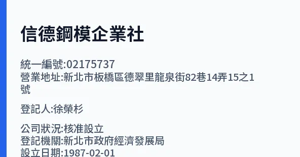 信德鋼模企業社的照片-統編 02175737(新北市) 公司登記資料與營業項目詳細圖表