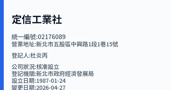 定信工業社的照片-統編 02176089(新北市) 公司登記資料與營業項目詳細圖表