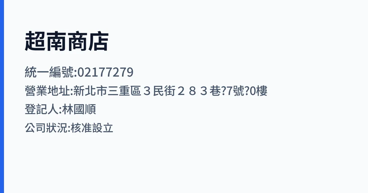 超南商店 - 統編 02177279(新北市) 公司登記資料與營業項目詳細圖表