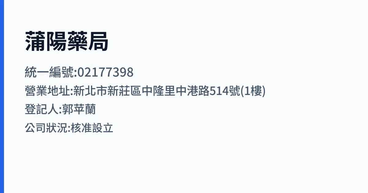 蒲陽藥局 - 統編 02177398(新北市) 公司登記資料與營業項目詳細圖表