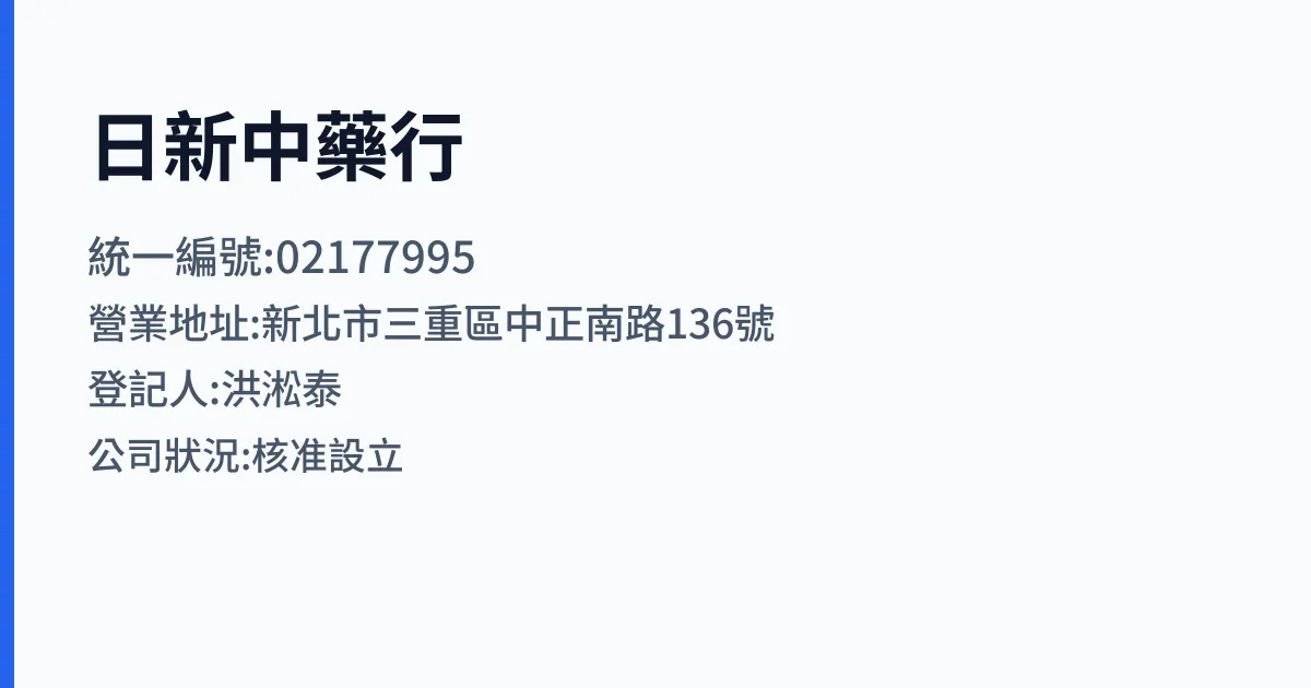 日新中藥行 - 統編 02177995(新北市) 公司登記資料與營業項目詳細圖表