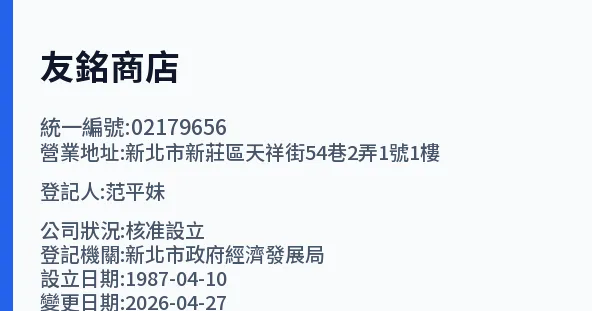 友銘商店的照片-統編 02179656(新北市) 公司登記資料與營業項目詳細圖表