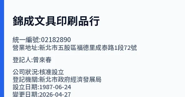 錦成文具印刷品行的照片-統編 02182890(新北市) 公司登記資料與營業項目詳細圖表