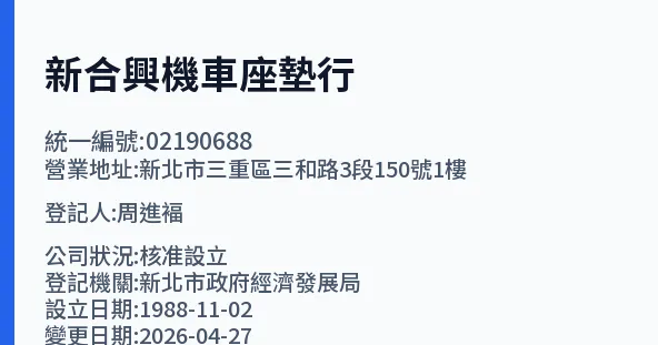 新合興機車座墊行的照片-統編 02190688(新北市) 公司登記資料與營業項目詳細圖表