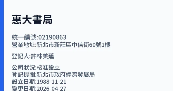 惠大書局的照片-統編 02190863(新北市) 公司登記資料與營業項目詳細圖表