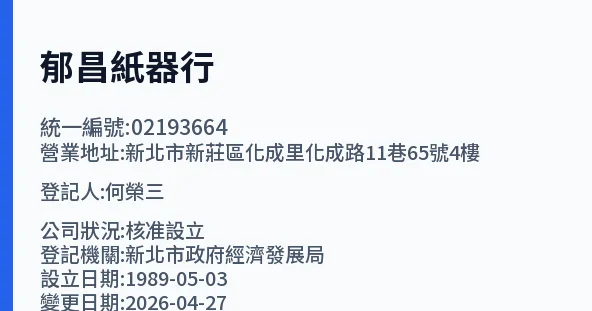 郁昌紙器行的照片-統編 02193664(新北市) 公司登記資料與營業項目詳細圖表