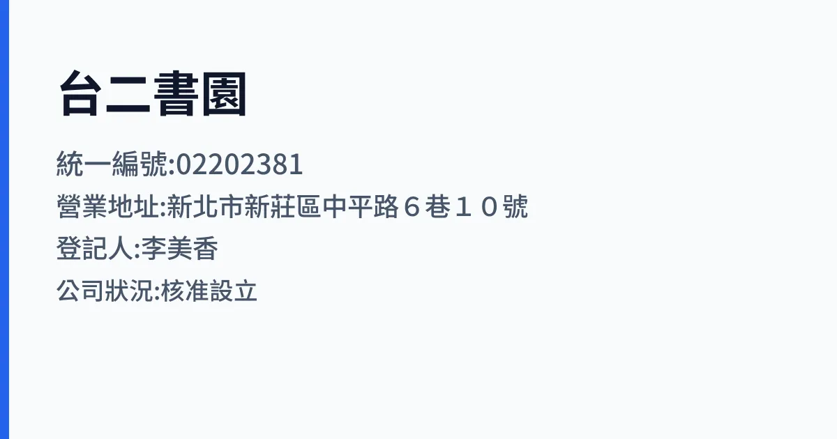 台二書園 - 統編 02202381(新北市) 公司登記資料與營業項目詳細圖表