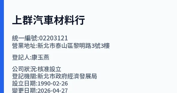 上群汽車材料行的照片-統編 02203121(新北市) 公司登記資料與營業項目詳細圖表