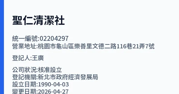 聖仁清潔社的照片-統編 02204297(桃園市) 公司登記資料與營業項目詳細圖表