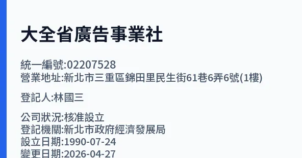 大全省廣告事業社的照片-統編 02207528(新北市) 公司登記資料與營業項目詳細圖表