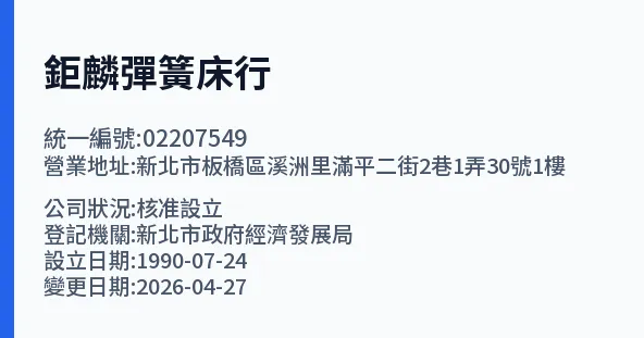 鉅麟彈簧床行的照片-統編 02207549(新北市) 公司登記資料與營業項目詳細圖表