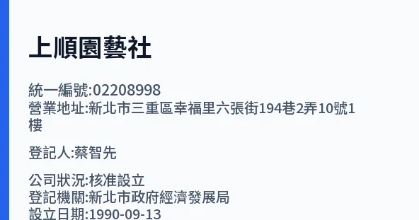 上順園藝社的照片-統編 02208998(新北市) 公司登記資料與營業項目詳細圖表