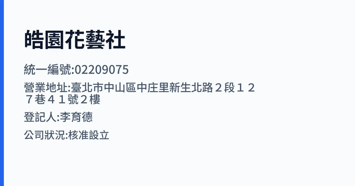 皓園花藝社 - 統編 02209075(臺北市) 公司登記資料與營業項目詳細圖表