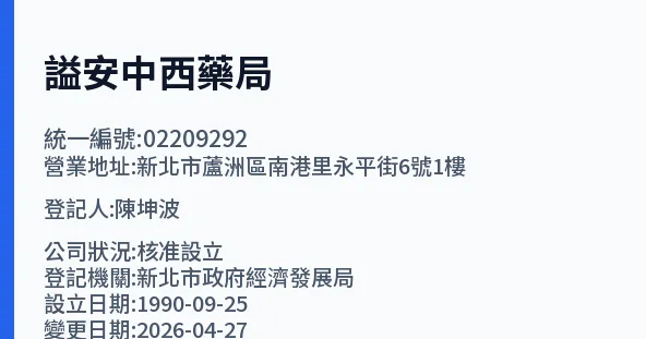 謚安中西藥局的照片-統編 02209292(新北市) 公司登記資料與營業項目詳細圖表