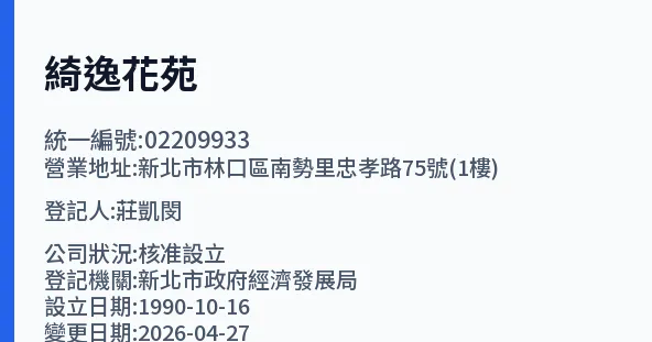 綺逸花苑的照片-統編 02209933(新北市) 公司登記資料與營業項目詳細圖表