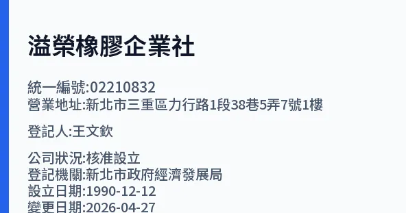 溢榮橡膠企業社的照片-統編 02210832(新北市) 公司登記資料與營業項目詳細圖表