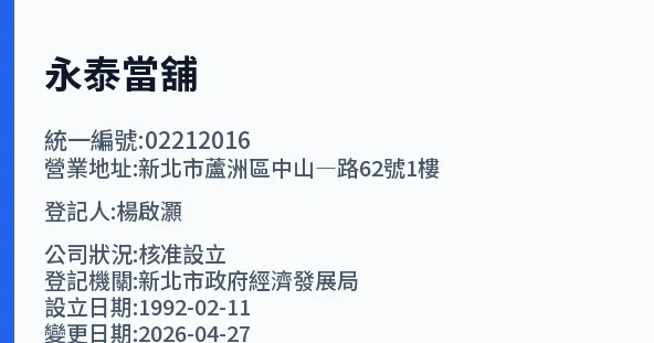 永泰當舖的照片-統編 02212016(新北市) 公司登記資料與營業項目詳細圖表