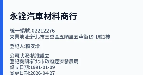永詮汽車材料商行的照片-統編 02212276(新北市) 公司登記資料與營業項目詳細圖表