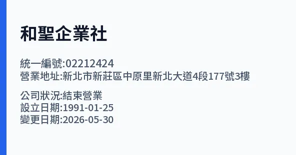 和聖企業社的照片-統編 02212424(新北市) 公司登記資料與營業項目詳細圖表