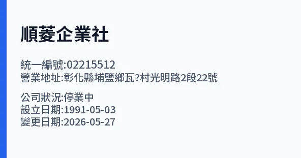 順菱企業社的照片-統編 02215512(彰化縣) 公司登記資料與營業項目詳細圖表