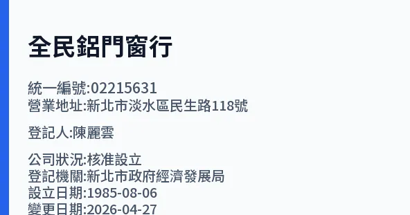 全民鋁門窗行的照片-統編 02215631(新北市) 公司登記資料與營業項目詳細圖表
